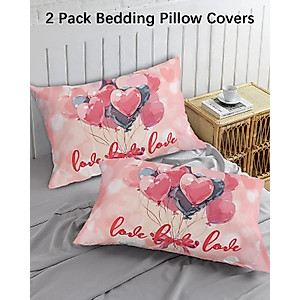 Hokiten Standard Size Pillow Cases Set of 2 - Love Heart Valentine's Day Microfiber Soft Pillowcases with Envelop Closure, Pink Red Grey Love Heart Balloon Lumbar Pillow Cover for Sofa, 20x26 Inches