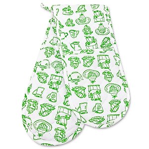 Kitchen BBQ Double Oven Mitts Gloves | Extra Long & Thick, Heat Resistant | Quilted Cloth Attached 1 Piece Oven Gloves | 100% Cotton Green Fun Tea Coffee Cake Pattern Pot Holder