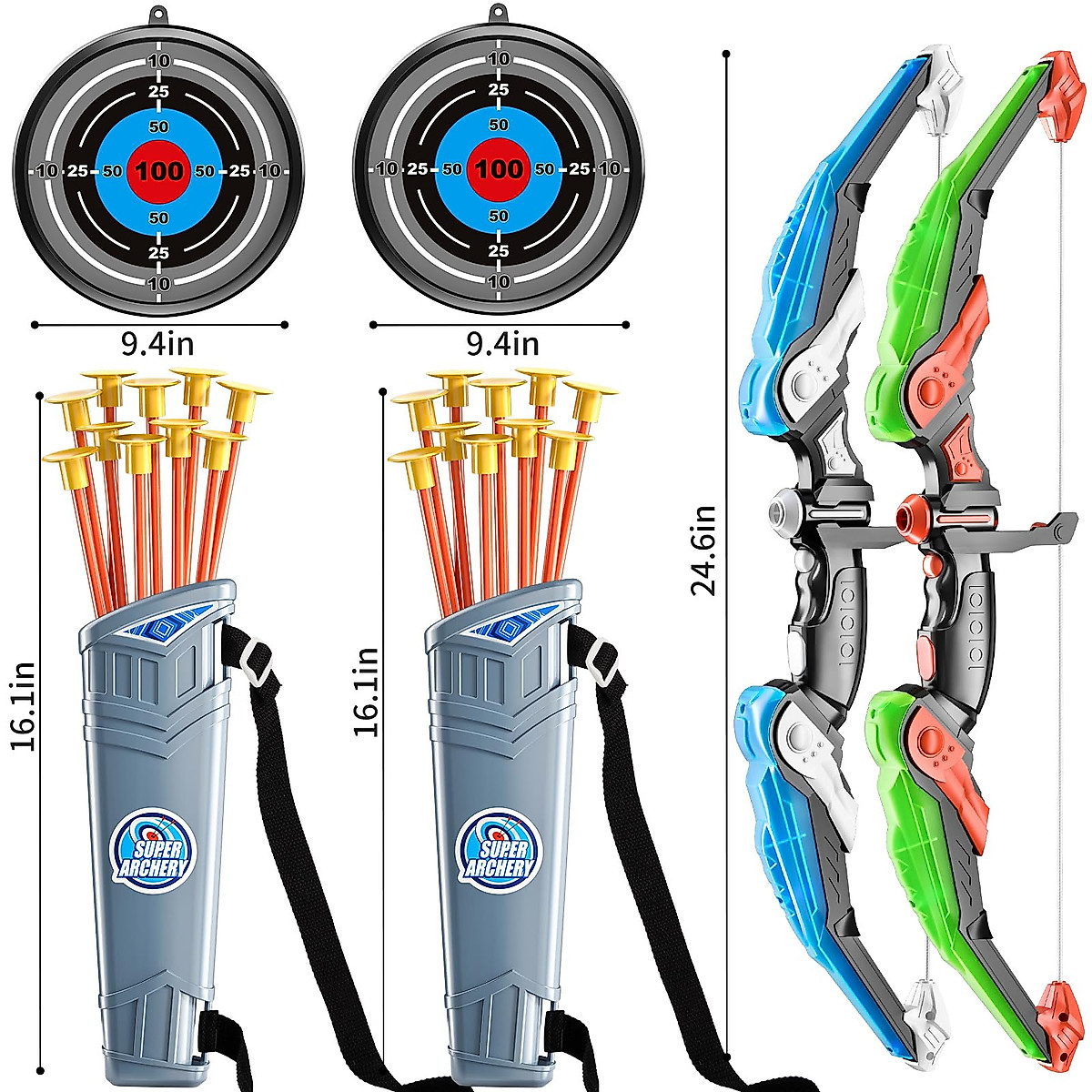 2 Pack Set Bow and Arrow Archery Toy for Kids, LED Light Up with 20 Suction Cup Arrows Target & Quiver, Outdoor Toys Kids Boys Girls Ages 3-12 Years Old