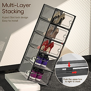 Kuject X-Large Shoe Storage Boxes Organizers Clear Plastic Stackable 9 Pack, Shoe Rack & Holder Substitute, Sneaker Containers, Toy Storage Organizer Bins for Entryway, Closet, Under Bed, Black