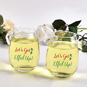 Modwnfy Funny Christmas Wine Glass Set, Let's Get Elfed Up Xmas Stemless Wine Glass for Women Friends Family Coworker, Good Wine Glasses for Christmas Wedding Birthday Party, Set of 4 (15 Oz)
