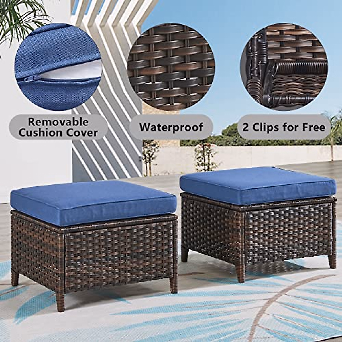 Outdoor Furniture Ottoman Set of 2 Patio Seating Footstool All-Weather Rattan Wicker Ottoman Seat with Soft Cushions for Patio Furniture Set