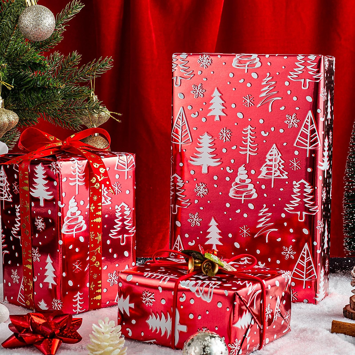 MAYPLUSS Christmas Red Wrapping Paper Roll - 17 Inch X 33 Feet - Luxury Metallic Shiny Red Christmas Tree and Snow Foil Roll Winter Holiday Gift Wrap Sheet for Party, DIY Crafts & Festive Decoration