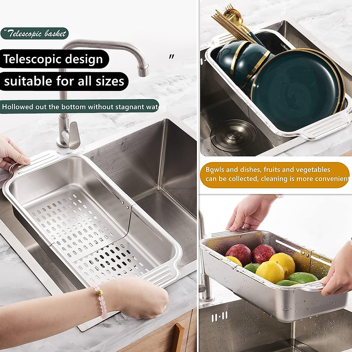 ZDRongZhen Kitchen Supply-Over The Sink Stainless Steel Retractable Kitchen Sink Basket -Wash Vegetables and Fruits, Drain Pasta and Dry Dishes,Extendable (Medium Silver)