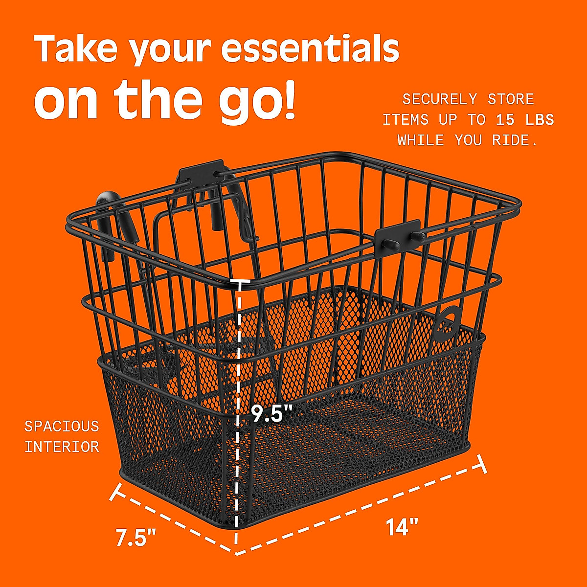 Retrospec Apollo Detachable Front Bike Basket Steel Half-Mesh with Integrated Detachable Hooks and Built-in Handle, Easy Assembly and Portability for Bicycles