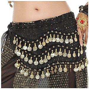 Lauthen.S 128 Coins Belly Dance Hip Scarf Tribal Belt Halloween Genie Costume Accessory Black