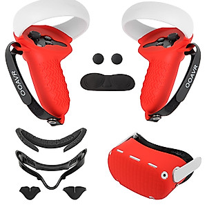 VR Controller Gips Cover and VR Shell Cover for Meta Quest 2,VR Facial Vent Soft Interface Bracket Accessories 5-in-1 Set for Oculus Quest 2(Red)