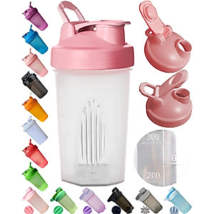 A Small Clear Shaker Bottle w. Pink Lid,12Oz/400ml Measurement Marks & Stainless Whisk Blender Mixer,BPA Free,Made of PP5,-4~248 °F,Perfect for Nutrition/Protein/Keto/Juice Powder Shaking (1YQ5Y)
