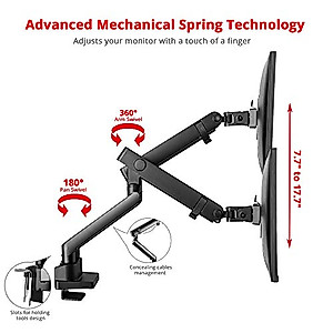 SIIG Aluminum Mechanical Dual Monitor Arm Mount - Height Adjustable Desk Mount for 17in to 32in Screens - 17.6lbs Each Arm - VESA 75x75mm 100x100mm, Black