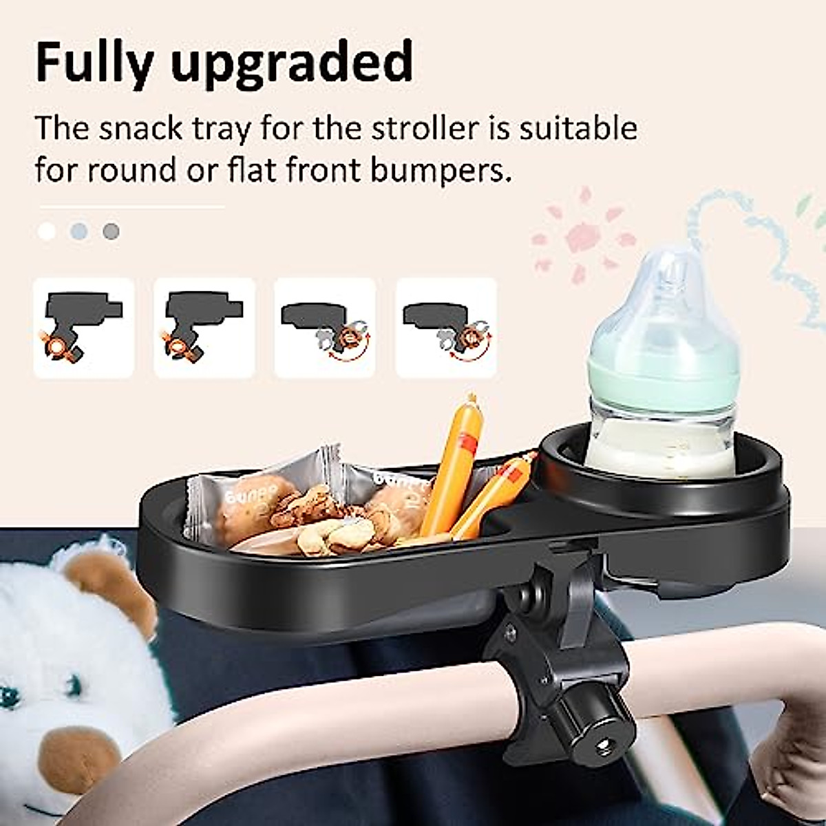 2 in 1 Universal Stroller Snack Tray with Cup Holder, Snack Catcher and Drink Holder for Stroller Snack Tray Attachment - Upgraded Removable Clip for Bumper Bar of Stroller Tray for Baby (Black)