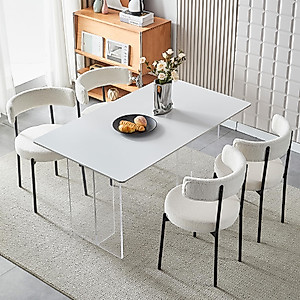 Honyee White Dining Chairs, Modern Dining Chairs Set of 4, Teddy Fleece Round Cushion Dining Room Chairs, Curved Backrest with Black Metal Legs (White, 4Pcs)