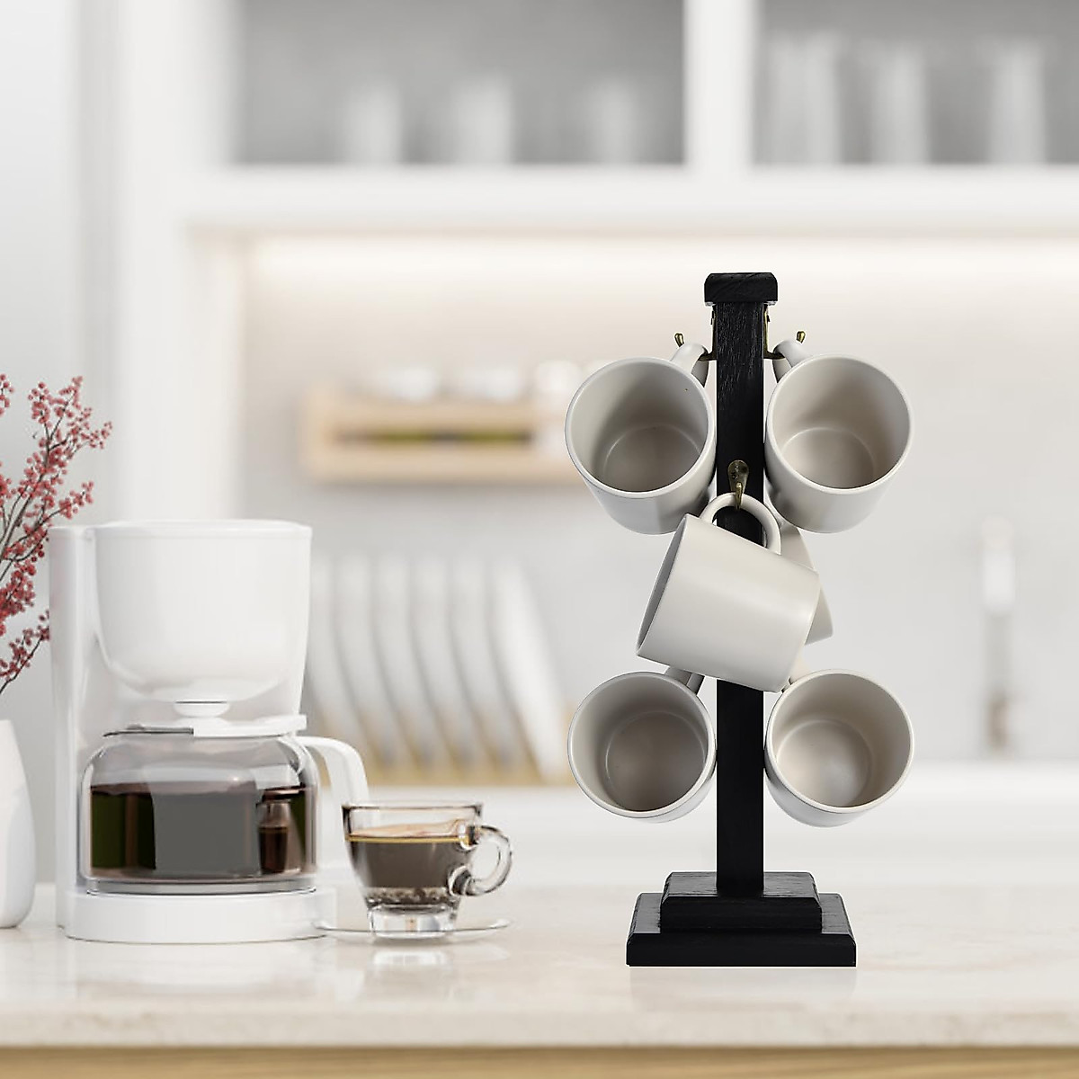 EMASON Rustic Coffee Mug Tree Stand, Solid Wood Holder for 6 Mugs, Space-Saving Kitchen Organizer, Stylish and Sturdy Cup Display Rack, Black