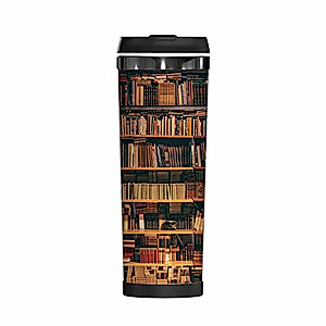 WONDERTIFY Library Coffee Cup Book Case Bookshelf Bookworm Decor Coffee Mug Stainless Steel Bottle Double Walled Thermo Travel Water Metal Canteen