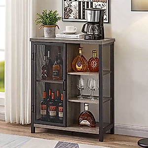 BON AUGURE Farmhouse Coffee Bar Cabinet with Storage, Industrial Liquor Cabinet with Adjustable Shelves, Rustic Small Buffet and Sideboard for Home (French Gray)