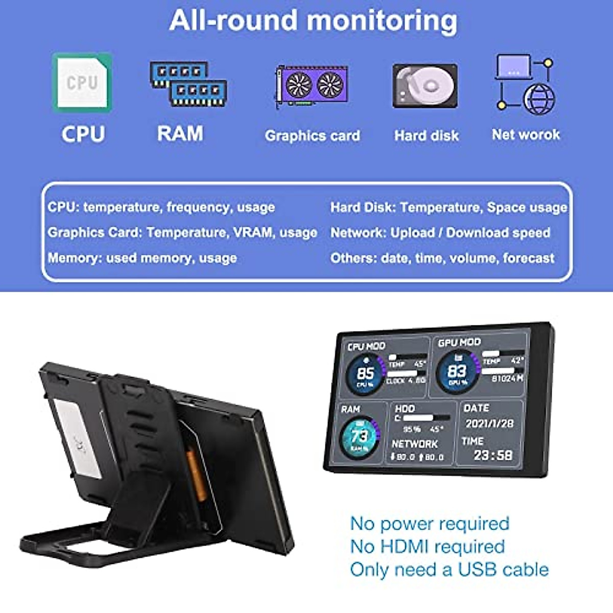 GOWENIC 5in IPS USB Screen, PC Temperature Display AIDA64 PC CPU Data Monitor PC Sensor Panel Display Temperature Monitor, PC Sensor Panel Display Computer Monitor