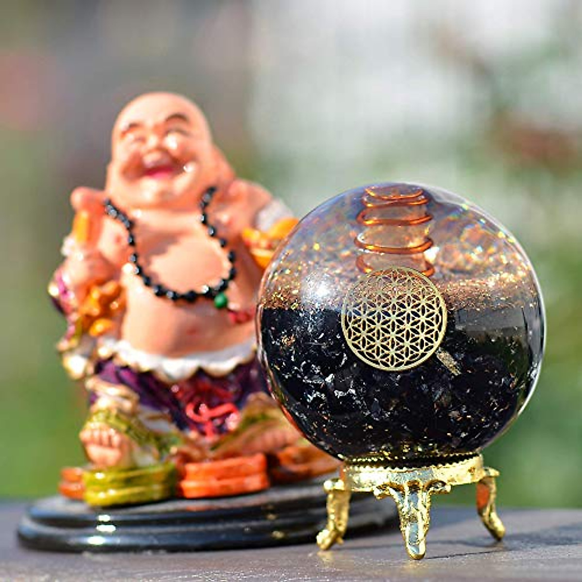 Orgonite Crystal Black Tourmaline Crystal Ball with Stand for Energy Purification and E-Energy Protection – Channels Positive Vibrations for Healing Connection between Body, Mind and Spirit