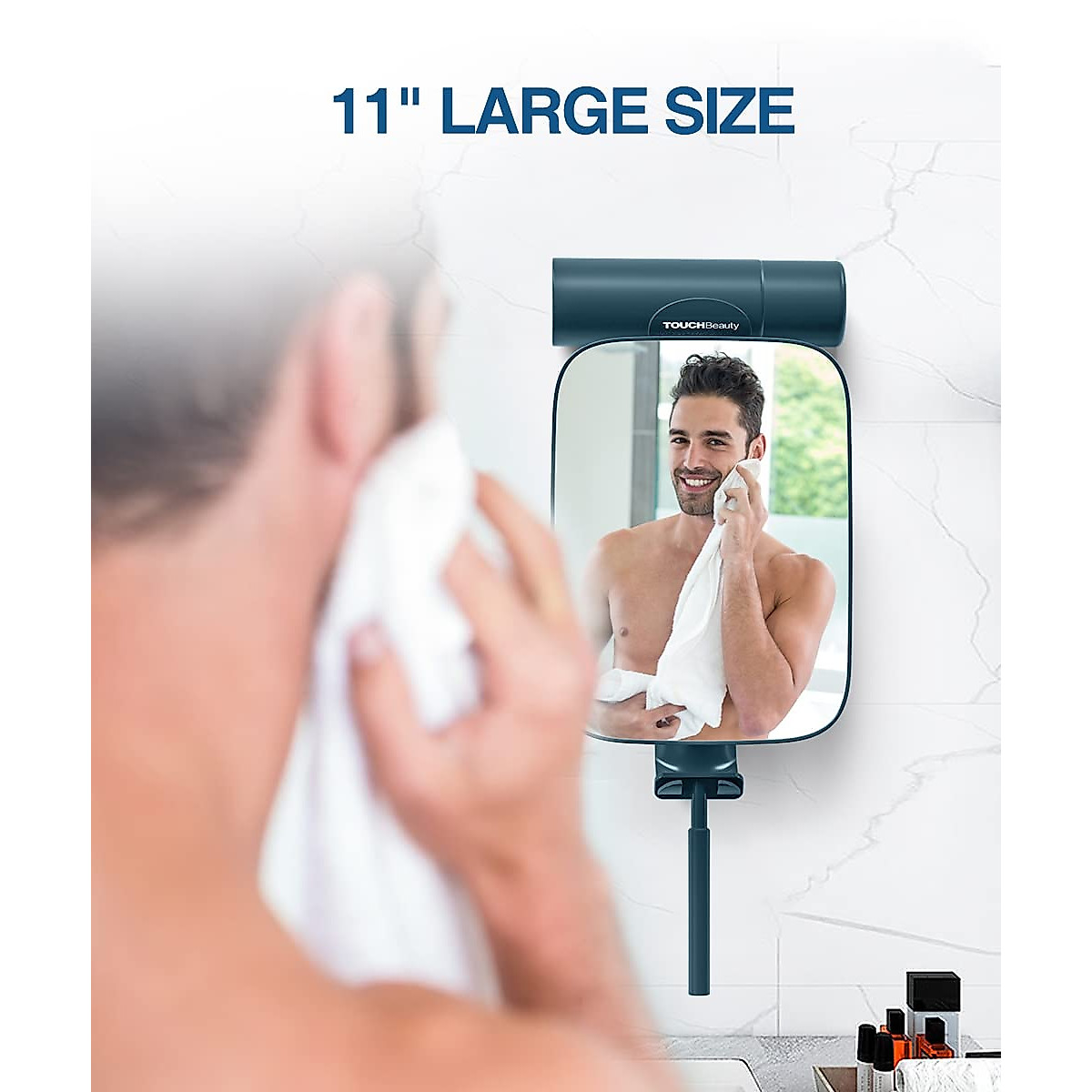 TOUCHBeauty 3X Shower Mirrors for Shaving with Razor Holder, Heldhand & 360 Degree Swivel, Larger Size 11" Blue Bathroom Accessories for Men