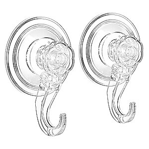 Suction Cup Adhesive Hooks - Quntis 2 Pack Large Suction Adhesive Hooks Heavy Duty Clear Shower Hooks Kitchen Bathroom Window Wall Hooks for Hanging Towel Bathrobe Loofah Sponge Christmas Wreath Key