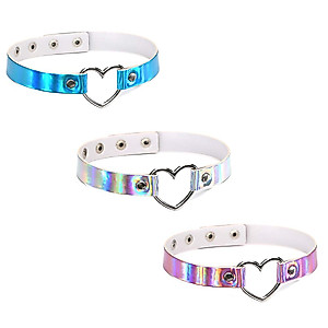 Jurxy 3PCS Heart Choker Necklace PU Leather Goth Choker Collar with Heart Punk Fluorescence Collar Adjustable Size – Blue White Pink
