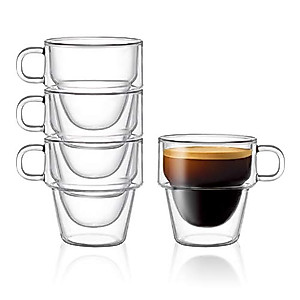 JoyJolt Stoiva Double Wall Insulated Espresso Glass Cups – 5 oz. (150 ml) Espresso Shot Glass Cup with Handle – Stackable Thermal Clear Glass Cups, Fit for Espresso Machine and Coffee Maker – Set of 4