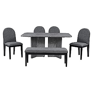 FIQHOME Se 6-Piece, Modern Style Set with Faux Marble 4 Upholstered Dining 1 Bench,Kitchen Table and Chairs for 6,Gray