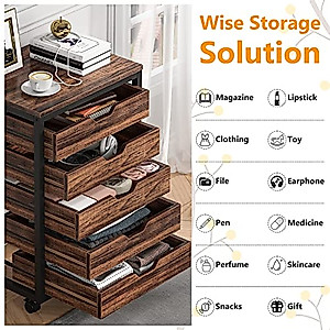 Tribesigns 5 Drawer Chest, Wood Storage Dresser Cabinet with Wheels, Industrial Storage Drawer Organizer Cart for Office Bedroom Entryway (Rustic Brown, 1 PC)
