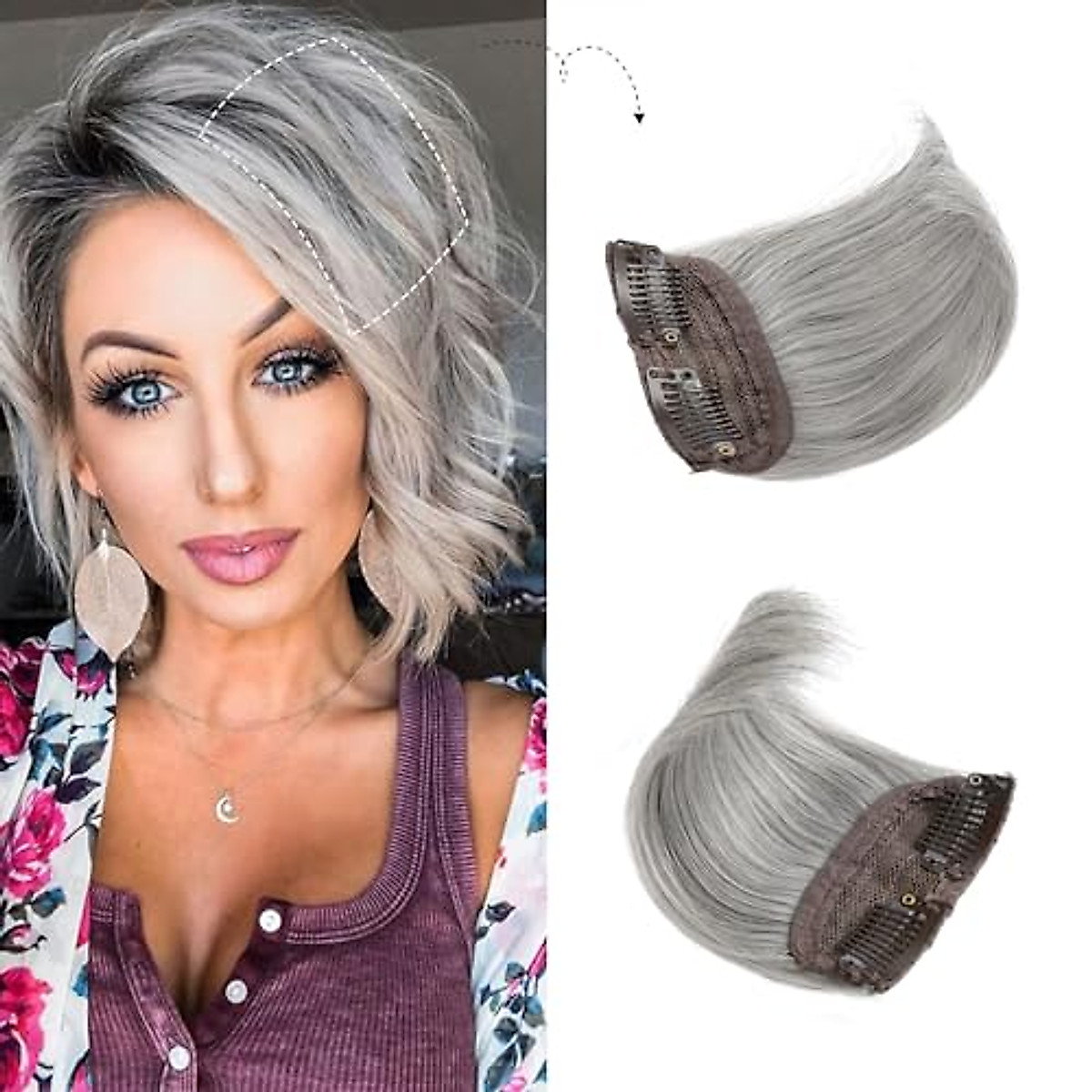 REECHO 2 pack 4 inch Short Thick Hairpieces Adding Extra Hair Volume Clip in Hair Extensions Hair Topper for Thinning Hair Women Color Silver Grey