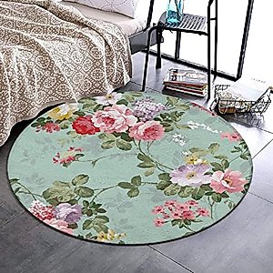 Luxury Soft Round Area Rug Home Decor for Bedroom Living Room Office, Shabby Chic Flowers Roses Pedals Dots Leaves Buds Spring Season Theme, Fashion Throw Rug Circle Carpet, 5ft Diameter