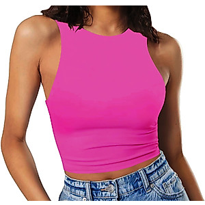Artfish Women's Sleeveless Cropped Shirts High Neck Stretchy Fitted Basic Crop Tank Top (Hot Pink, M)