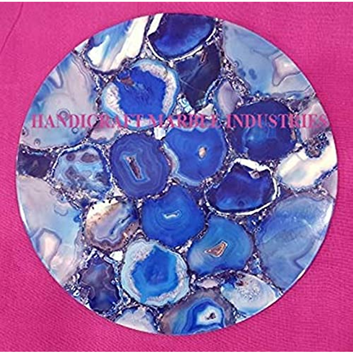 24" Inch Round Blue Agate Coffee Table with Metal Base, Blue Agate Stone Table, Blue Agate Stone Centre Table, Agate Round Corner Side Table Home Decor, Piece Of Conversation, Family HeirLoom