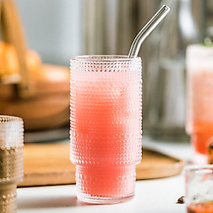 POLIDREAM Vintage Glassware Set of 4 pcs Glass Cups, 2 Embossed Stackable Pattern Style & 2 Raindrop Origami Style, Elegant Old Fashioned Glasses, Ideal for Whiskey, Cocktail, Ice Coffee, Beer