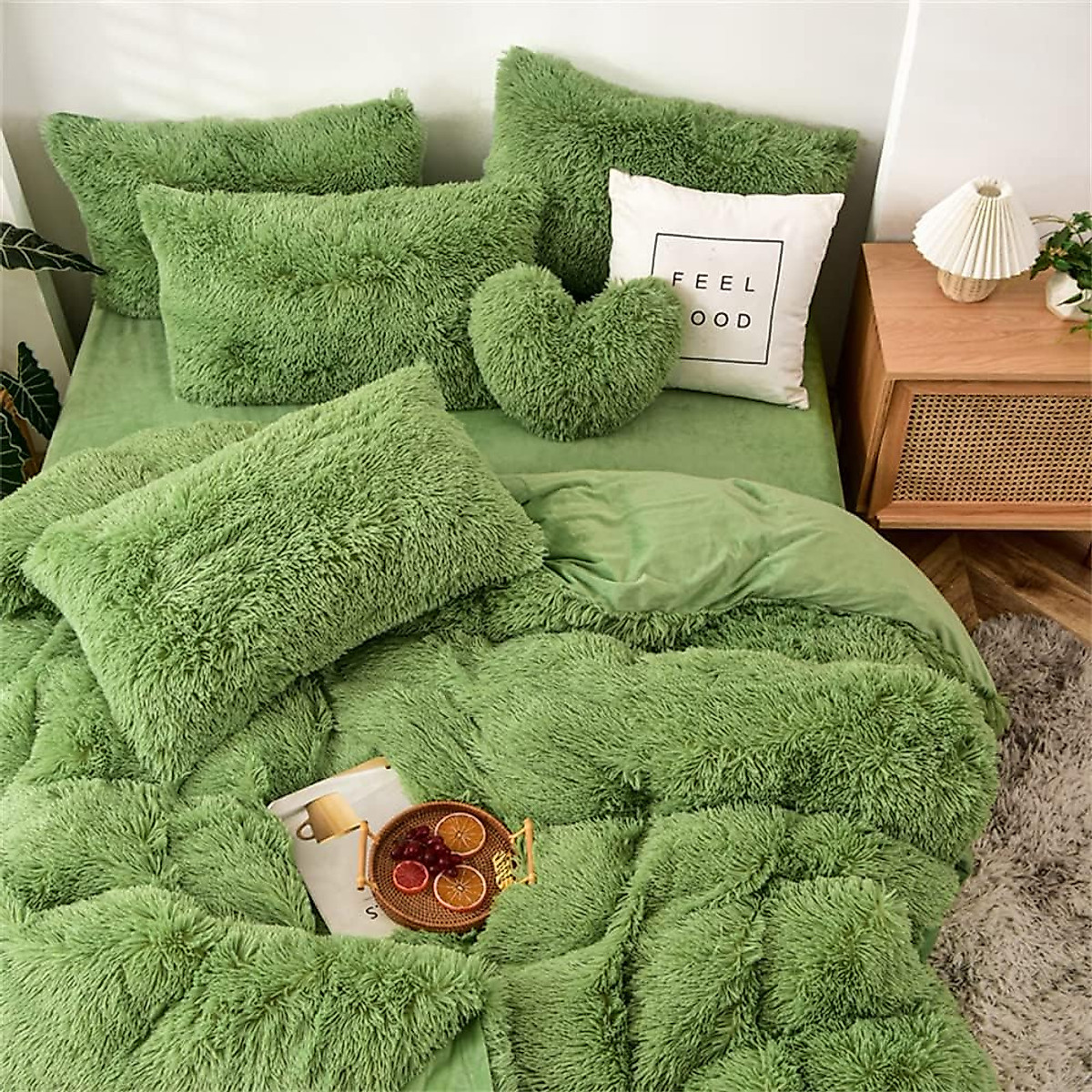 Gusuhome Fluffy Duvet Cover Set Full Size Green Ultra Soft Shaggy Fluffy Comforter Cover Set Fuzzy Quilt Cover Set Bedding Set 3Pcs (1Duvet Cover + 2Pillow Shams) with Zipper Closure Avocado Green