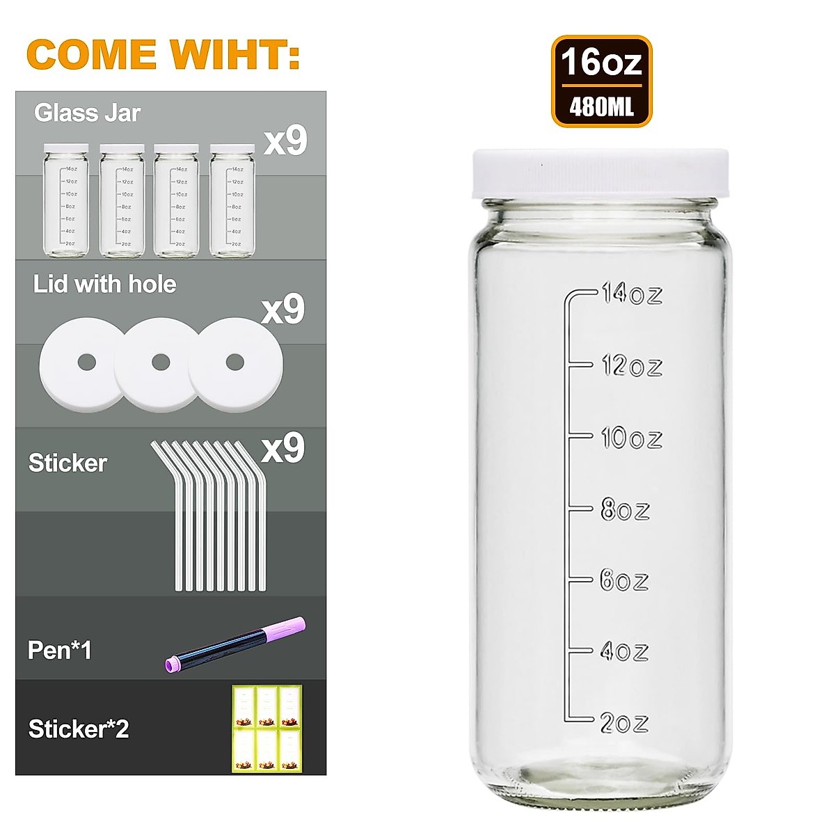 Salzesfalls 16oz Glass Juice Bottles with Lids and Straw,Reusable Juice Bottles with Lids,Travel Drinking Jars with Scale, for Juice,Coffee,Iced Tea,Smoothies,Milk,Set of 9