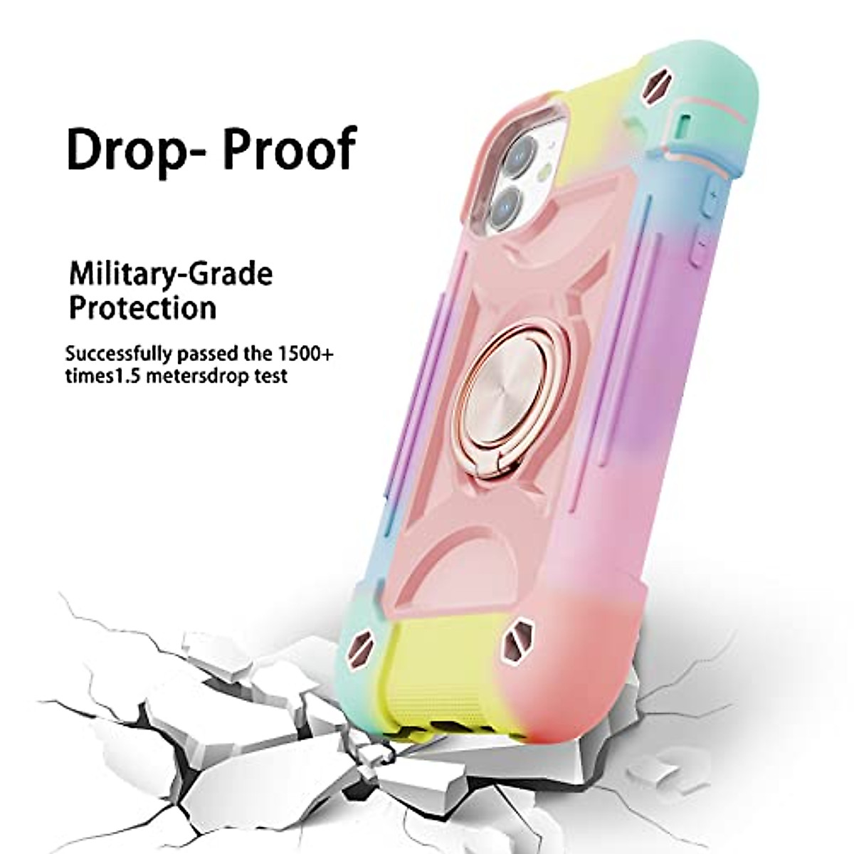 MARKILL Compatible with iPhone 11 Case 6.1 Inch with 360°Rotate Ring Stand, Military Grade Drop Protection Full Body Rugged Heavy Duty Case 3 in 1 Protective Cover (Rainbow Pink)