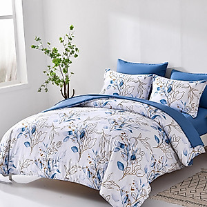 Blue Botanical Duvet Cover Set Queen, 3 Pieces Reversible Blue Gold Leaves Printed Bedding Set with Zipper Closure, Soft Microfiber Flower Duvet Cover Queen 90"x90"(Not Comforter)