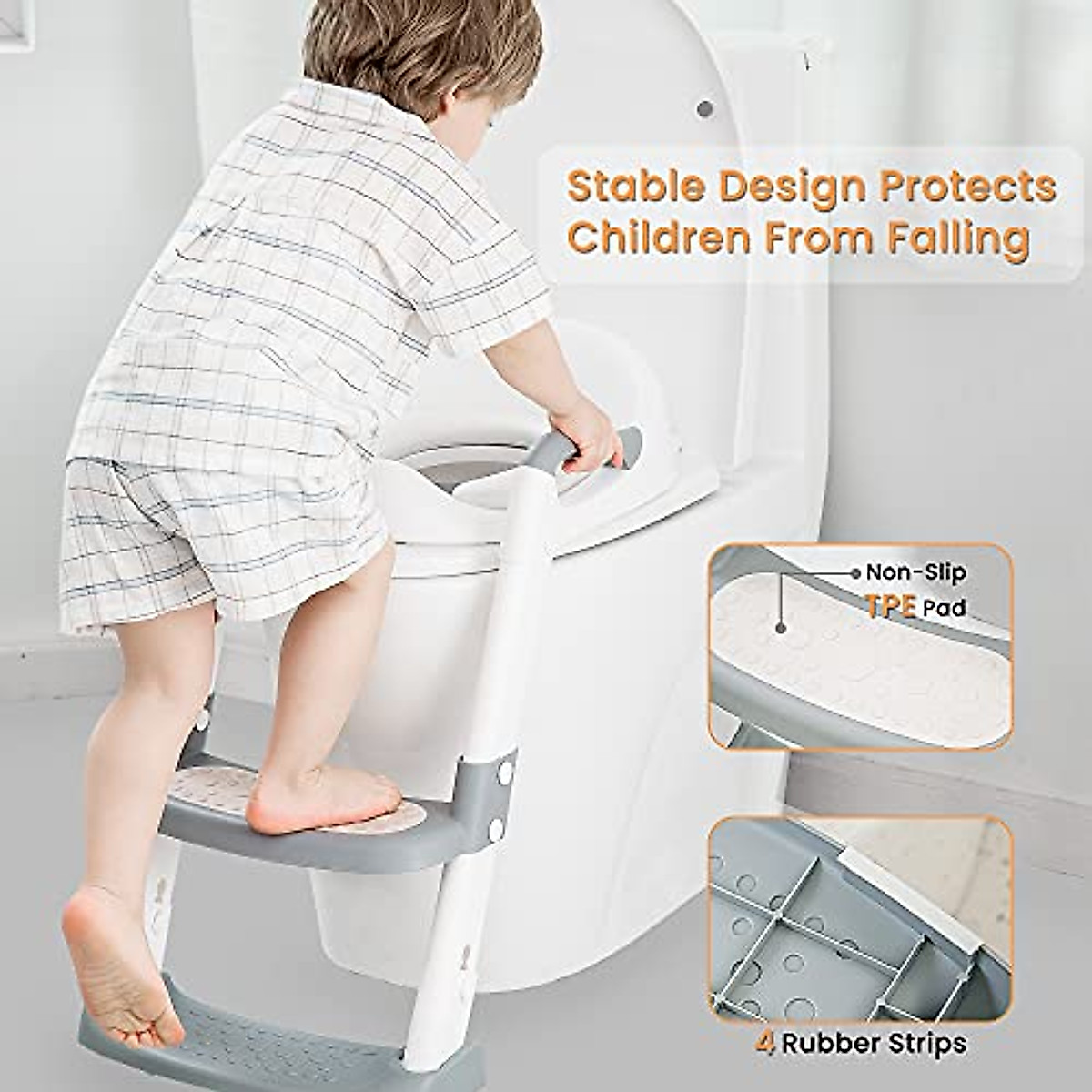 Kylinton® Potty Training Seat with Step Stool Ladder, Foldable Toddler Potty Seat for Toilet 2 in 1 Potty Training Toilet for Kids, Splash Guard Comfotable and Anti-Slip Pad for Boys Girls, Grey