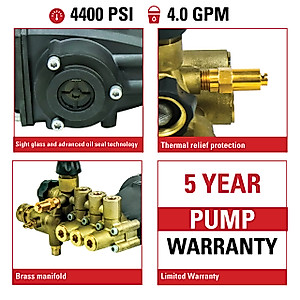 AAA 90034 Horizontal Triplex Plunger Replacement Pressure Washer Pump Kit, 4400 PSI, 4.0 GPM, 1" Shaft, Includes Hardware and Siphon Tube, for Industrial Gas Powered Machines, Black