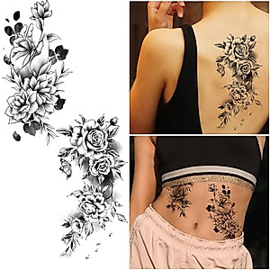 Cerlaza Large Temporary Tattoos Women with Sexy Rose Peony, Waterproof Temp Tattoo Body Art Stickers for Arm Back, Black Fake Tattoos That Look Real and Last Long for Women Girls Adult - 6 Styles