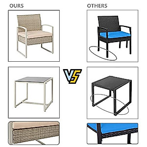 Aoxun 3 Pieces Patio Set Wicker Bistro Table Set, Outdoor Patio Furniture Conversation, Two Rattan Chairs with Glass Coffee Table for Terraces Poolsides and Cafes,Gray Beige