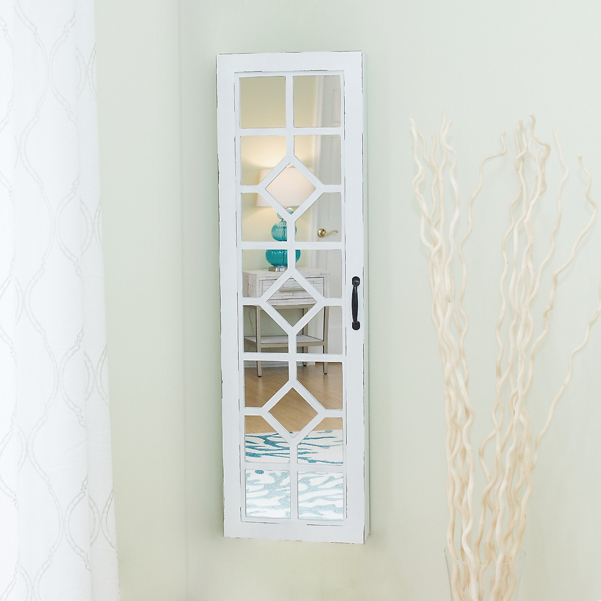 FirsTime & Co. White Eloise Jewelry Armoire, Necklace Organizer for Bedroom Storage, Full Length Mirror Wall Vanity, Wood, Farmhouse, 43 x 14 inches