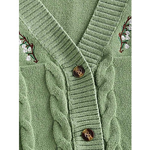 ZAFUL Women's Button Up Embroidered Cable Knit Cardigan V Neck Long Sleeve Cropped Sweater (3-Light Green)