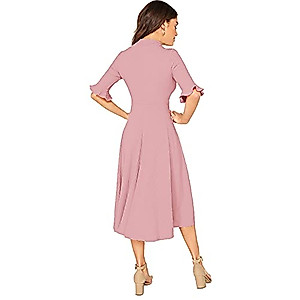Verdusa Women's Elegant Ribbed Knit Bell Sleeve Fit and Flare Midi Dress Pink L