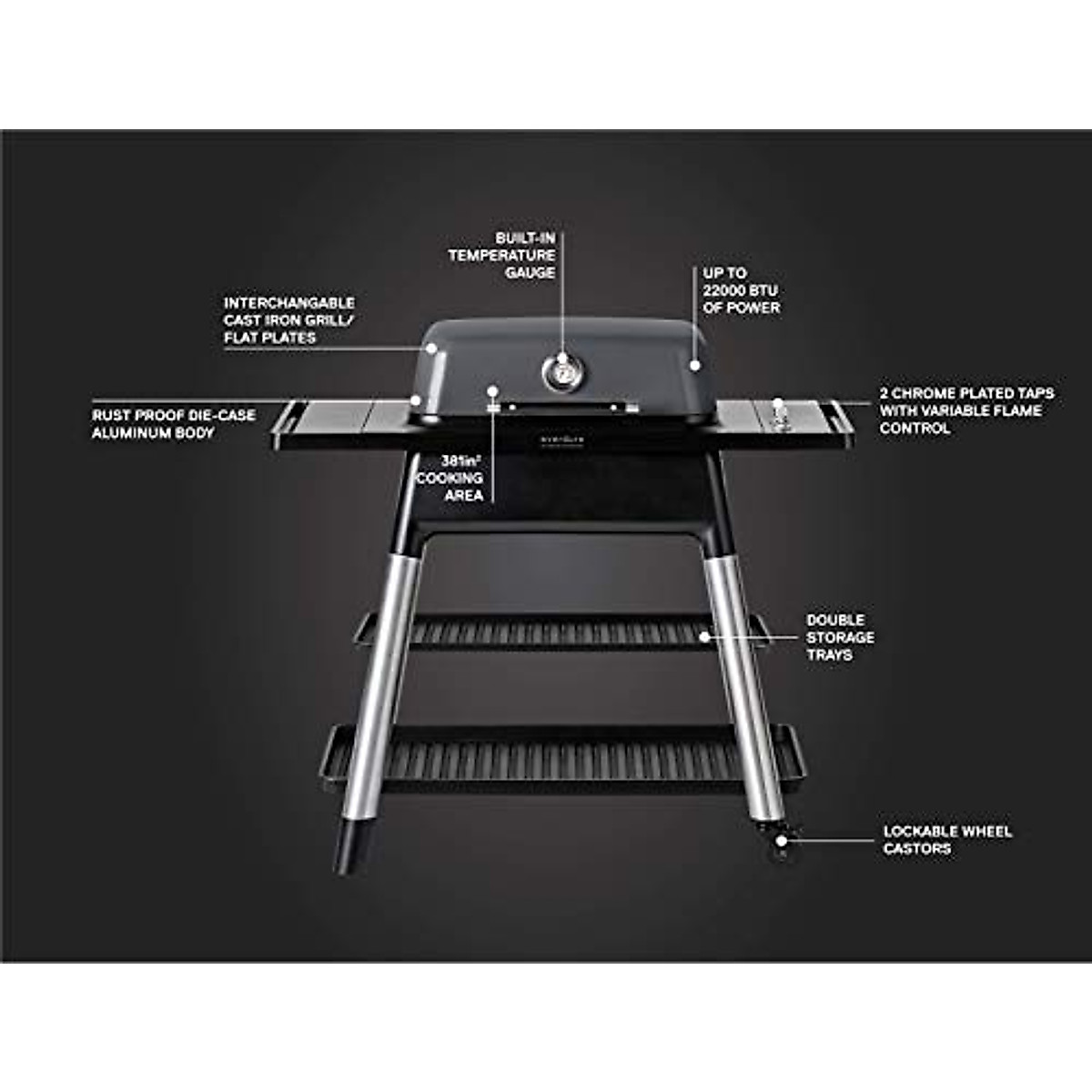 Everdure FORCE 2 Burner Gas Grill, Liquid Propane Portable BBQ Grill with Die-Cast Aluminum Body and Fast-Ignition Technology, 388 Square Inches of Grilling Surface, Adjustable Height, Graphite