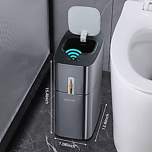 MOPUP Touchless Bathroom Trash Can, 4 Gallon Narrow Metal Automatic Privacy Garbage Can with Motion Sensor and Waterproof Design for Bedroom, Office, Toilet.Stainless Steel Dog-Proof Trash Bin.