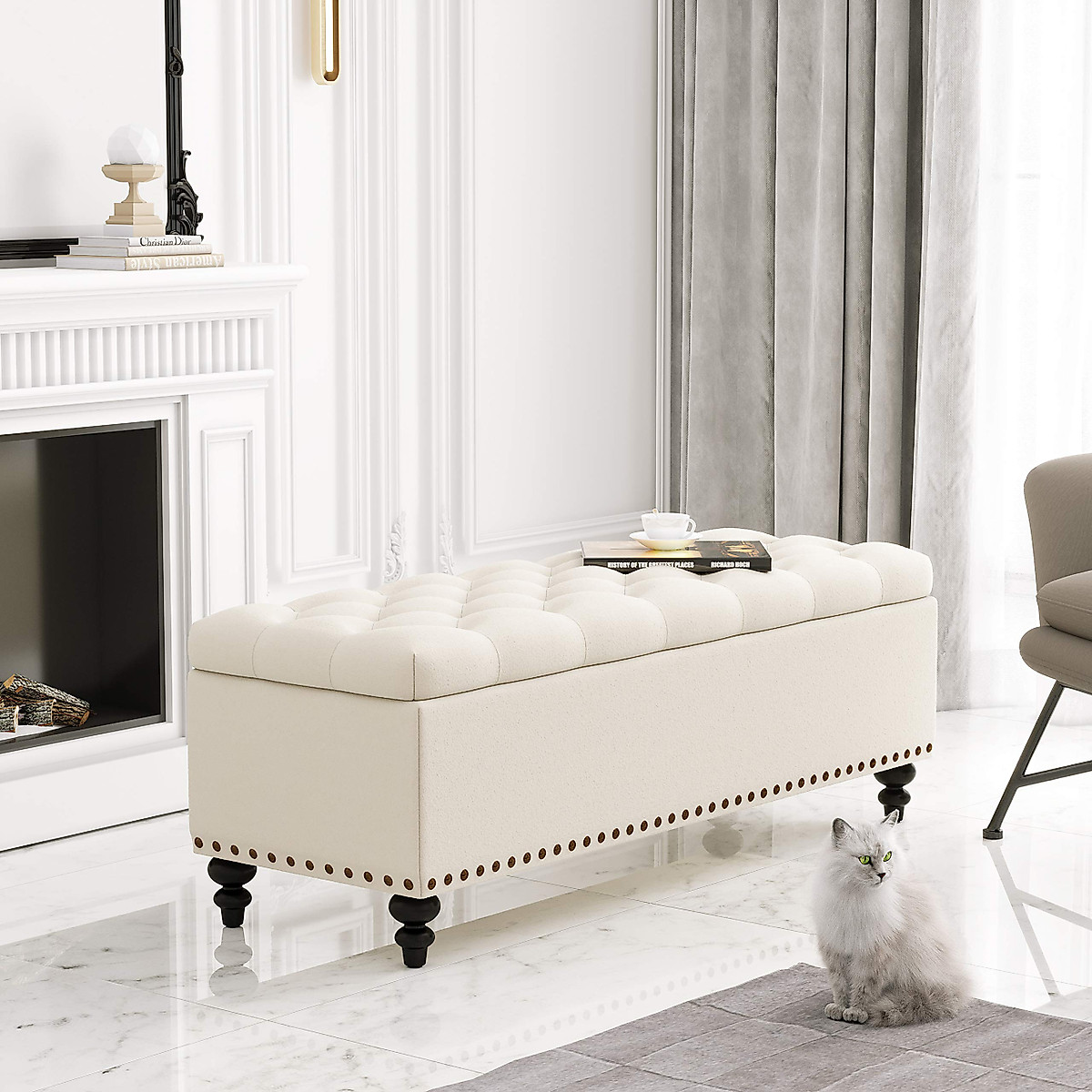 HUIMO Ottoman with Storage, 51-inch Storage Ottoman Bench with Button-Tufted, Bedroom Bench Safety Hinge Ottoman in Upholstered Fabrics, Large Storage Bench for Bedroom, Living Room (Ivory-Rivet)