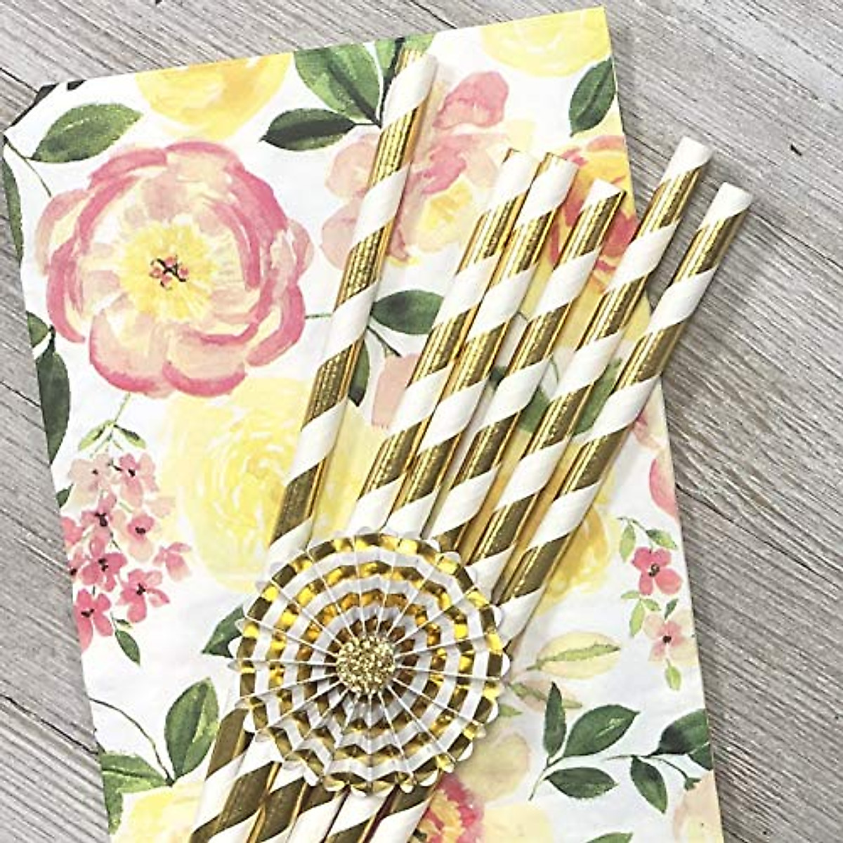 Gold Foil Paper Straws - Striped - Valentine - Wedding Party Supply - 7.75 Inches - 100 Pack - Outside the Box Papers Brand