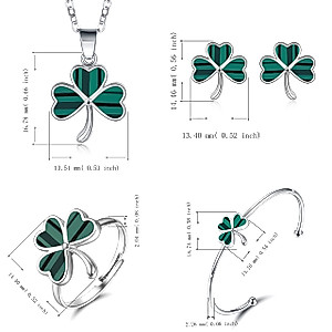 Shamrock St. Patrick's Day Necklace Earrings Ring Bracelet Jewelry Set Green Three Leaf Heart Clover Jewelry Gift for Women (Silver)