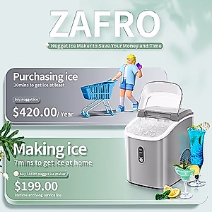 ZAFRO Nugget Ice Maker Countertop, Pebble Ice Machine with Self-Cleaning, 35Lbs/24H, Pellet Ice Maker with Ice Basket/Ice Scoop/Ice Bag for Home/Office/Bar/Party, Grey