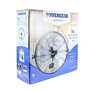 Comfort Zone CZHVW18 18” High-Velocity 3-Speed Industrial Wall Mount Fan, 360-Degree Angle Adjustment, All-Metal Construction, and Steel Mounting Bracket, Black