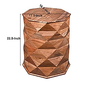 The Urban Port 23-Inch Handcrafted Drum Side Accent Table with a Multifaceted Diamond Cut Design, Natural Brown Acacia Wood